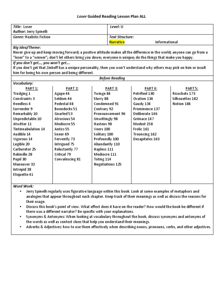 Loser: Guided Reading Lesson Plan | PDF | Reading Comprehension ...