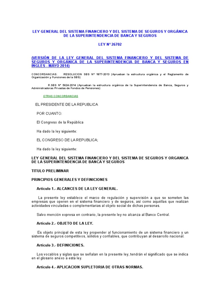 Ley General Del Sistema Financiero y Del Sistema de Seguros y Orgánica de La Superintendencia de ...