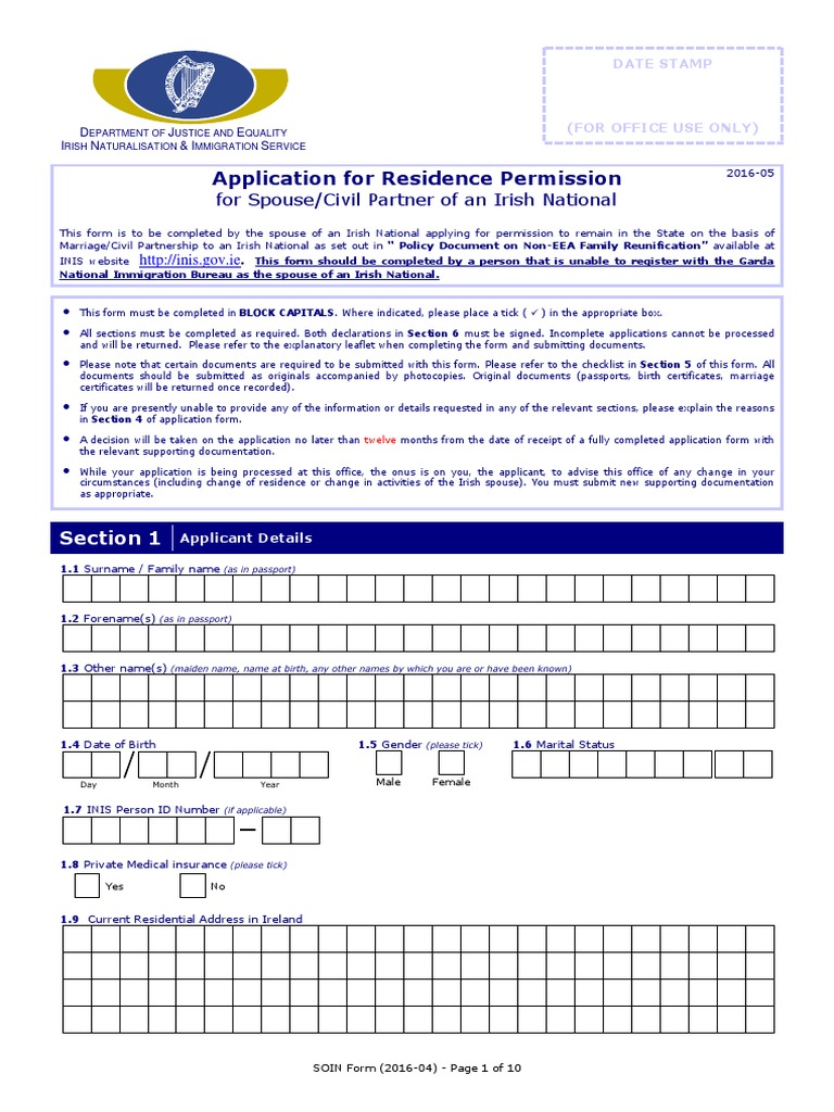 SOIN Application Form | PDF | Passport | Republic Of Ireland