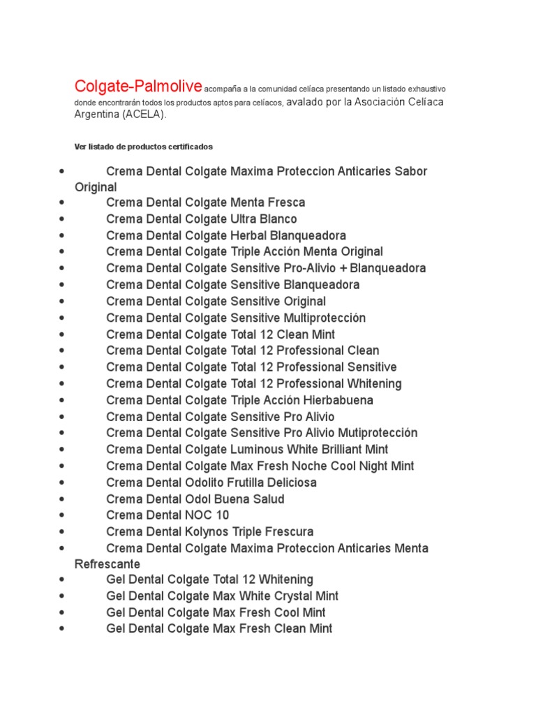 Productos Colgate Sin Tacc En Argentina Pdf