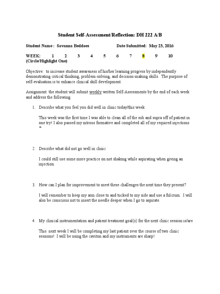 Weekly Self-Assessment for DH 222 A/B | PDF