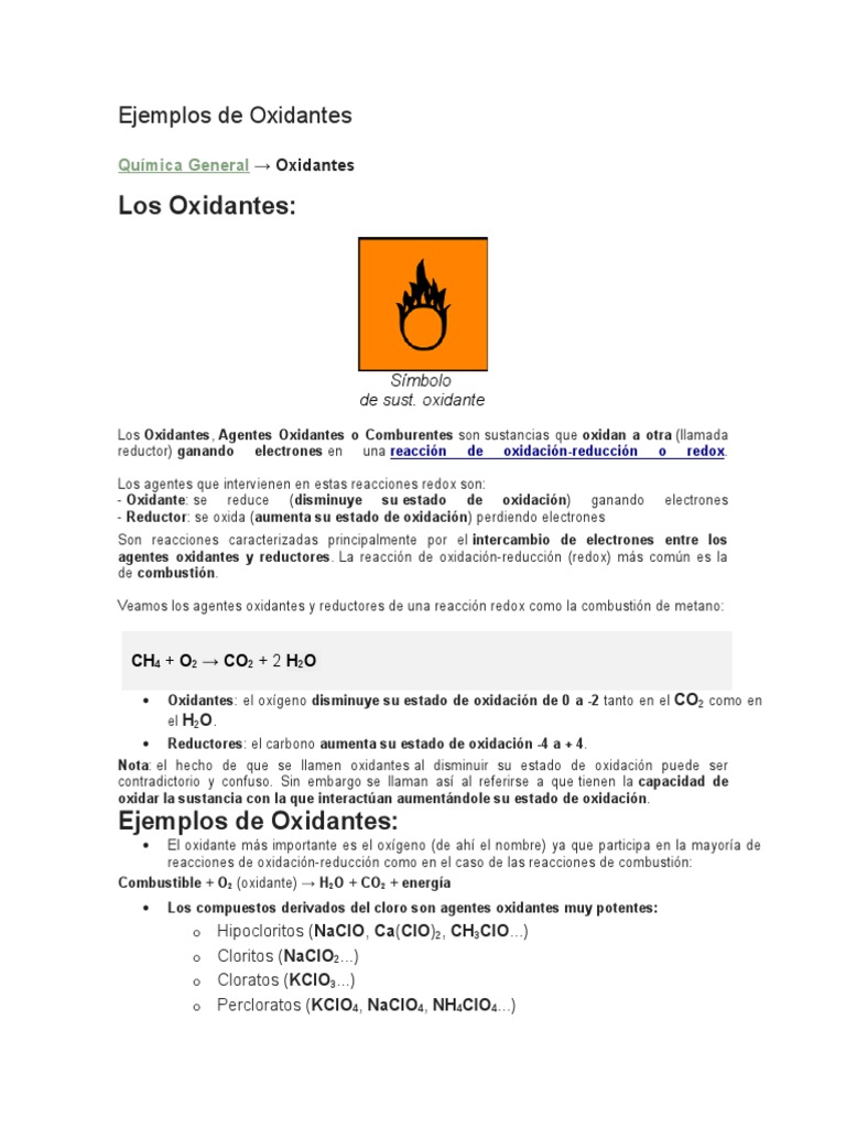 Ejemplos de Oxidantes | Agente oxidante | Redox