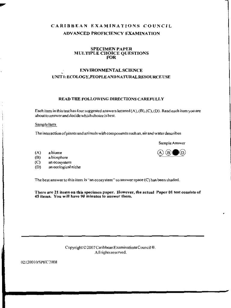 CAPE ENVIRONMENTAL SCIENCES Spec 08 U1 P1 MC | PDF