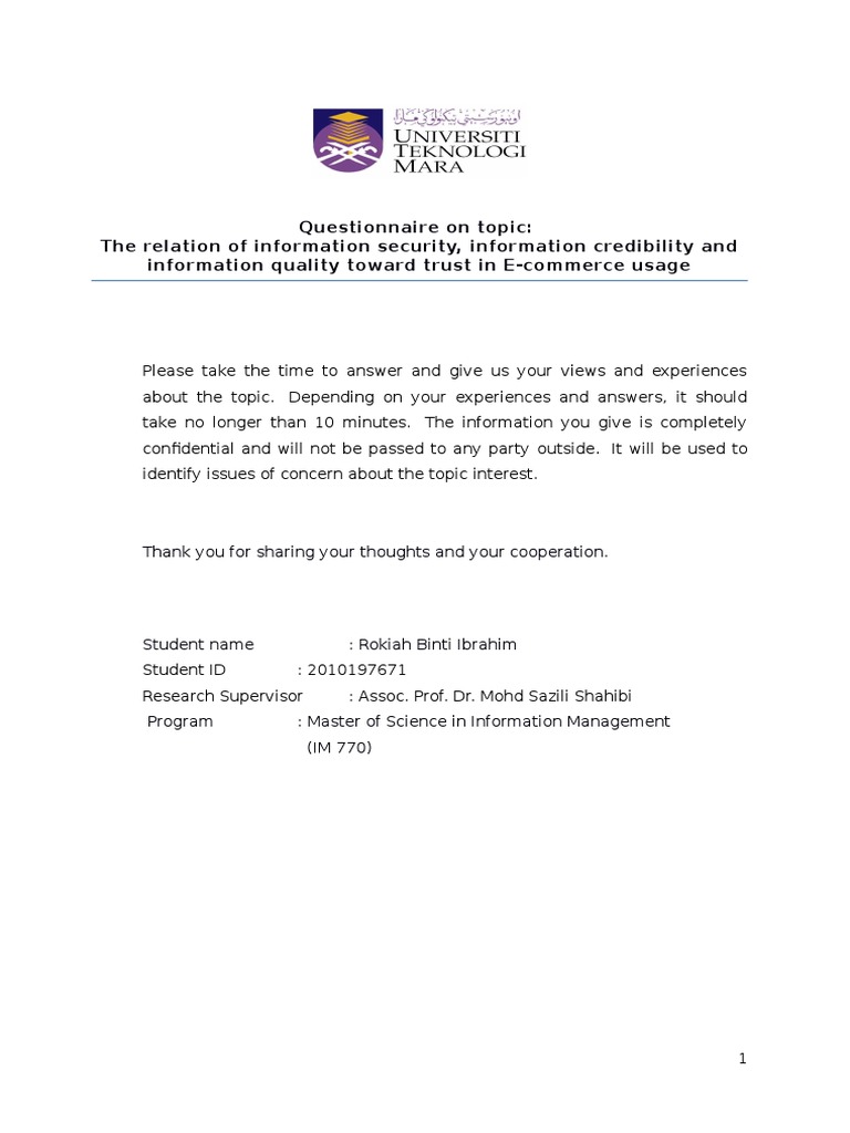 E-Commerce Questionnaire | PDF | E Commerce | Questionnaire