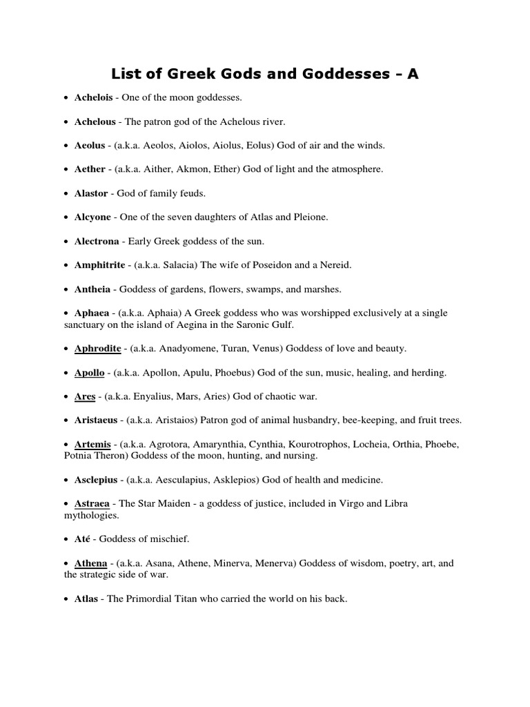Greek Gods And Goddesses List