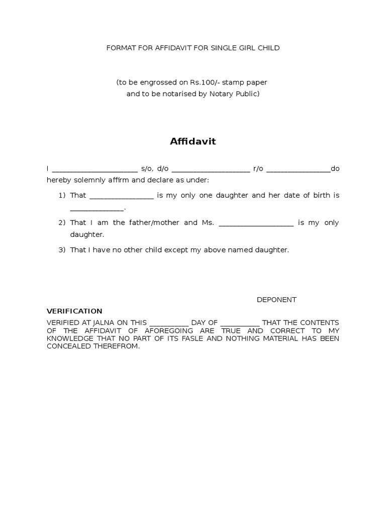 Format For Affidavit For Single Girl Child | PDF | Affidavit | Notary ...