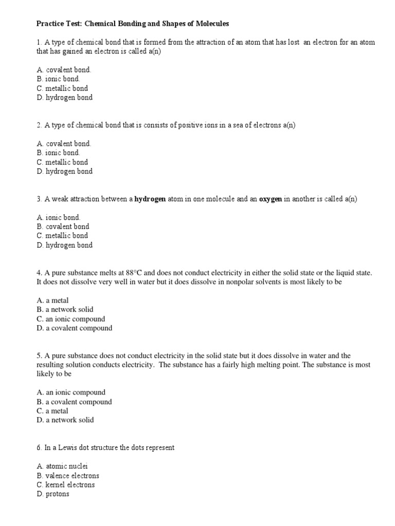 I B Chem 1 Pract Test Bonding | PDF | Ionic Bonding | Chemical Bond