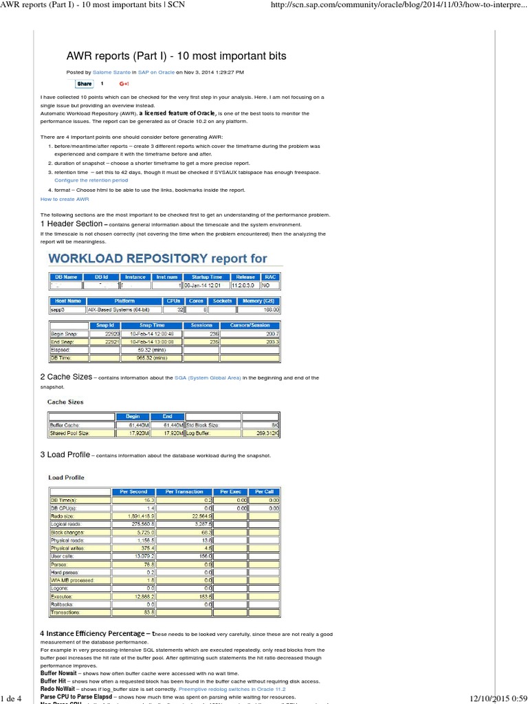 AWR Reports (Part I) - 10 Most Important Bits PDF | PDF | Oracle Database | Cache (Computing)