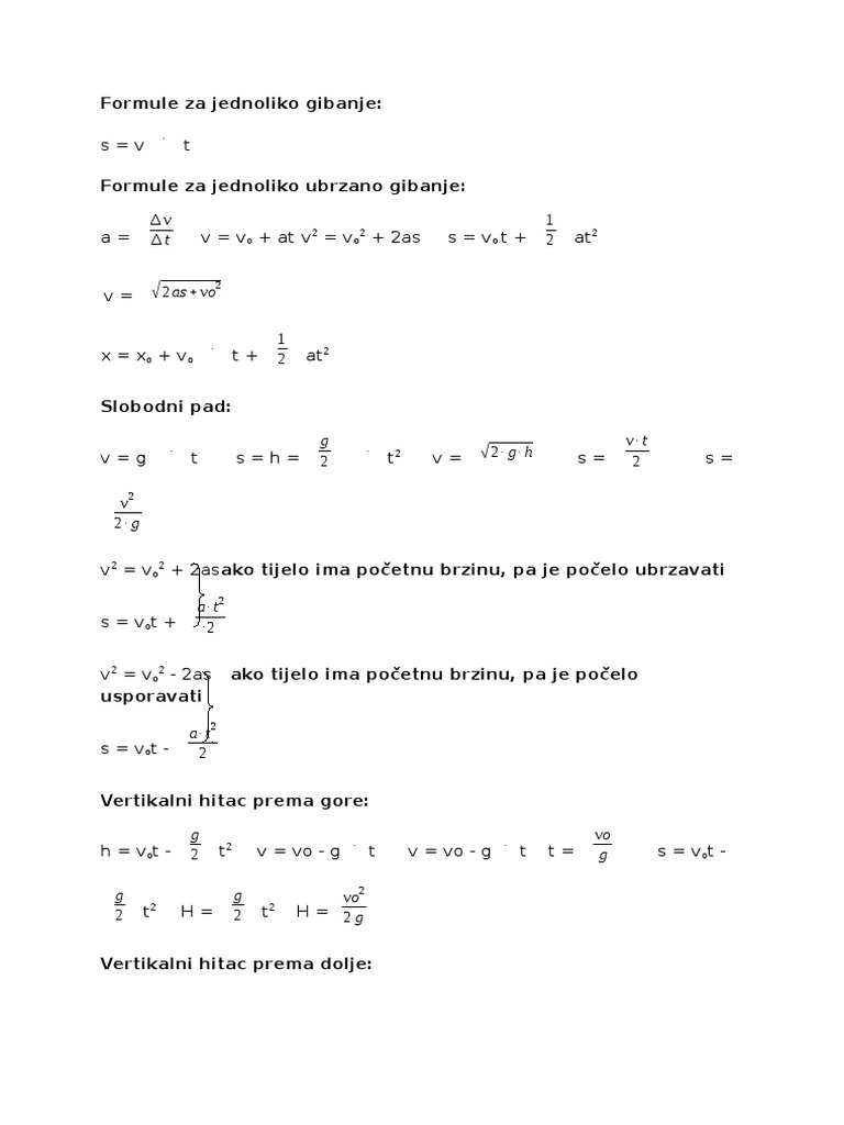 Formule Za Jednoliko Gibanje | PDF