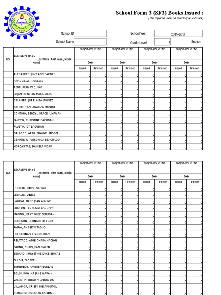 School Form 3 (SF3) Books Issued and Returned: School ID School Year ...