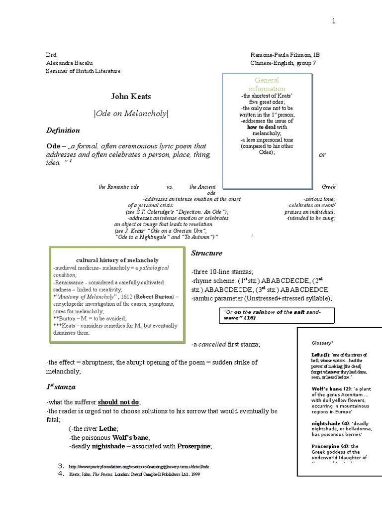 Keats - Ode On Melancholy Handout | PDF | John Keats | Poetry