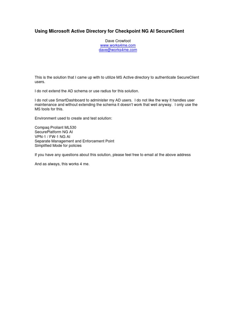 Microsoft Active Directory and Checkpoint NG AI SecureClient | PDF