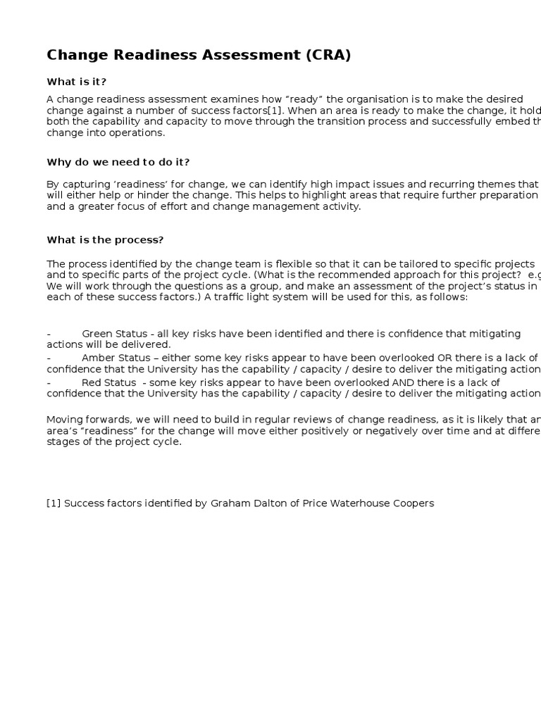 Change Readiness Assessment (CRA) : What Is It? | PDF | Educational ...