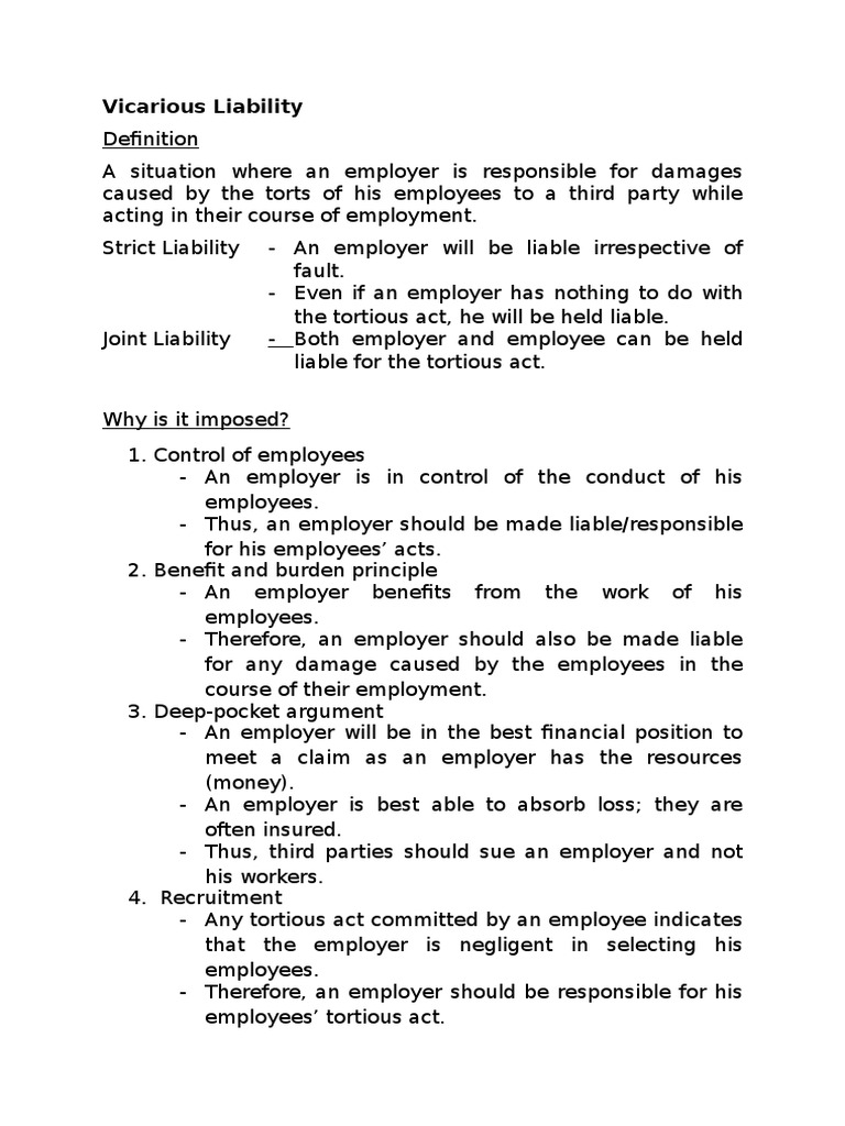 Understanding Vicarious Liability in Tort | PDF | Vicarious Liability ...