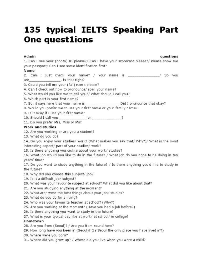 135 Typical IELTS Speaking Part One | PDF | Hobbies | Leisure