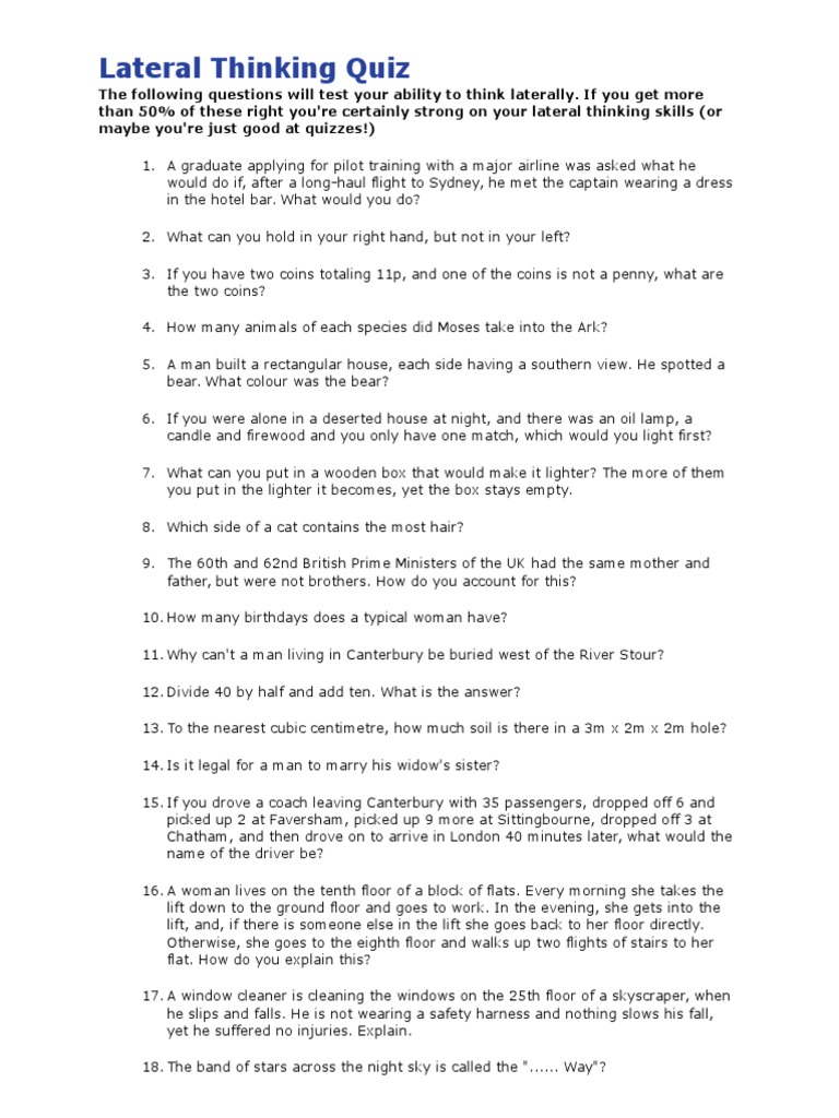 Lateral Thinking Questions | PDF | Leisure