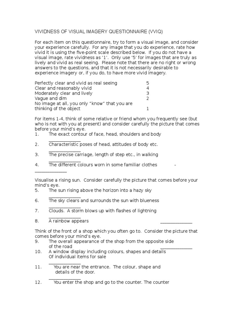 Vividness of Visual Imagery Questionnaire (Vviq) | PDF