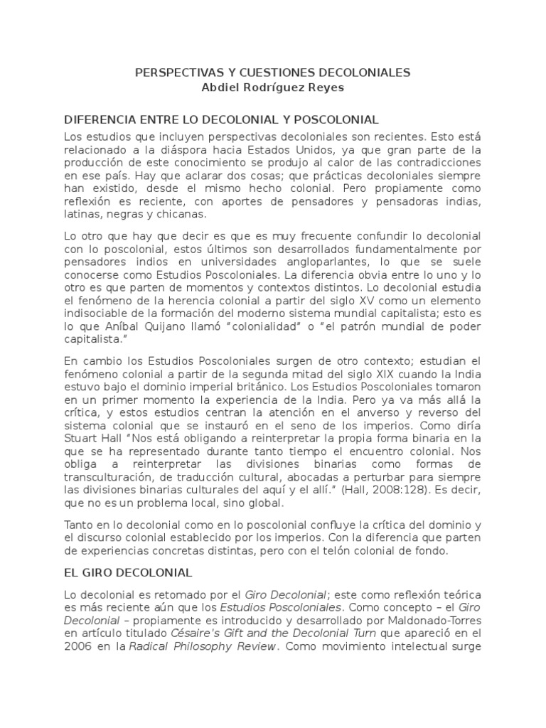 Perspectivas Decoloniales | PDF | Colonialismo | Pensamiento crítico