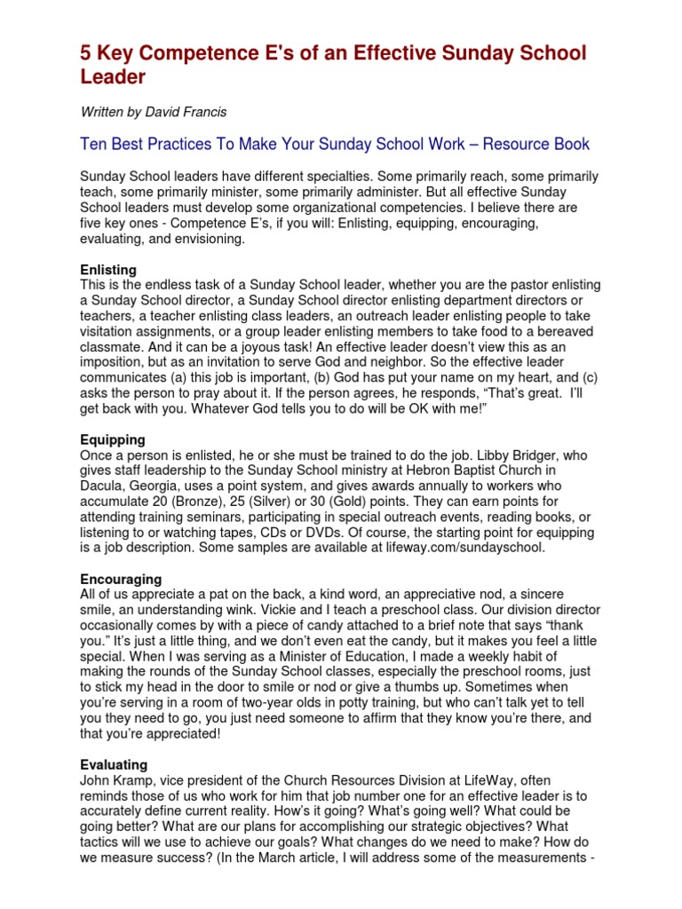 Sunday School Leadership Skills | PDF | Sunday School | Schools