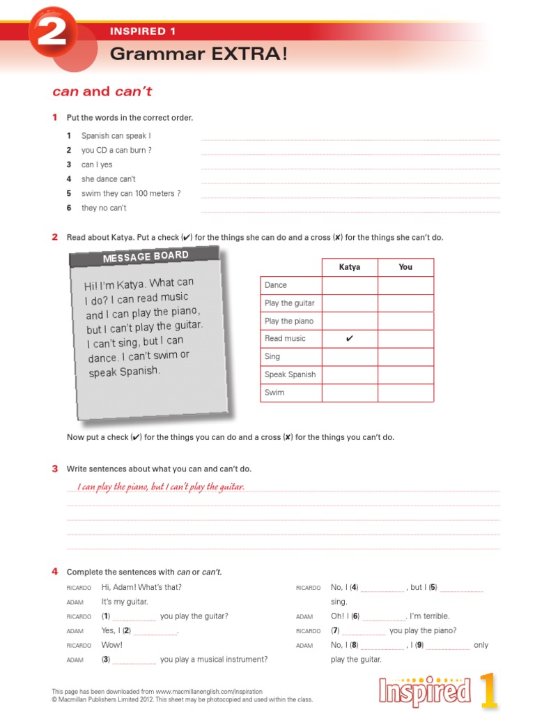 Grammar-EXTRA Inspired 1 Unit 2 Can and Cant PDF | PDF | Language Arts ...