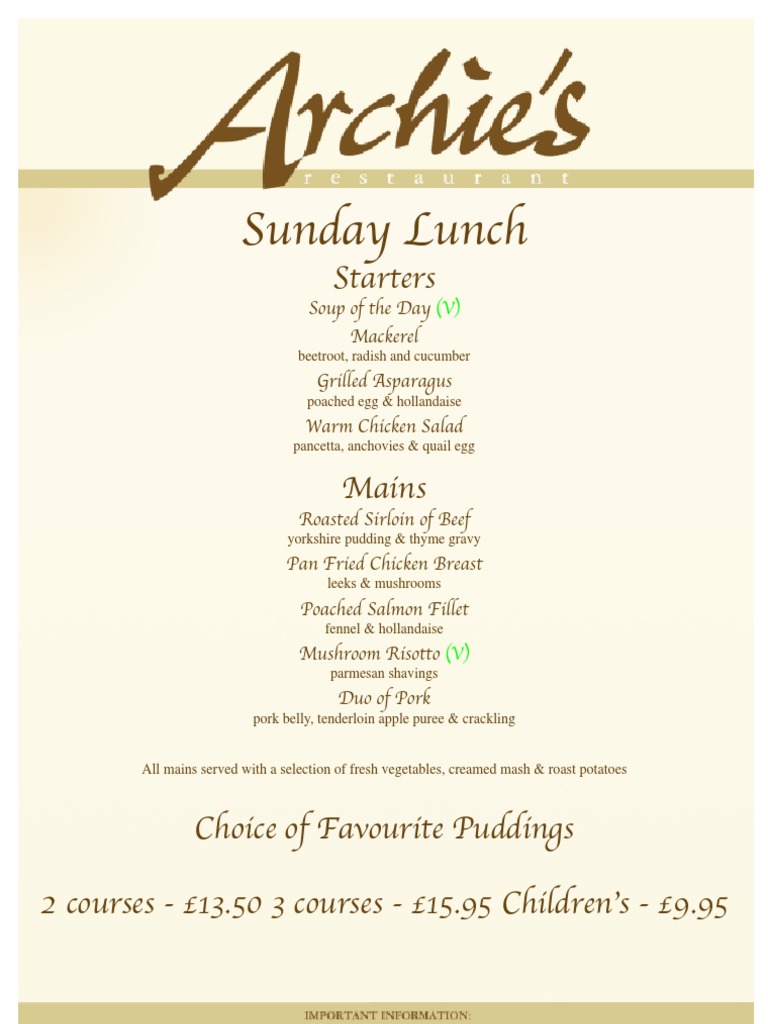 Archies Sunday Lunch Menu | PDF