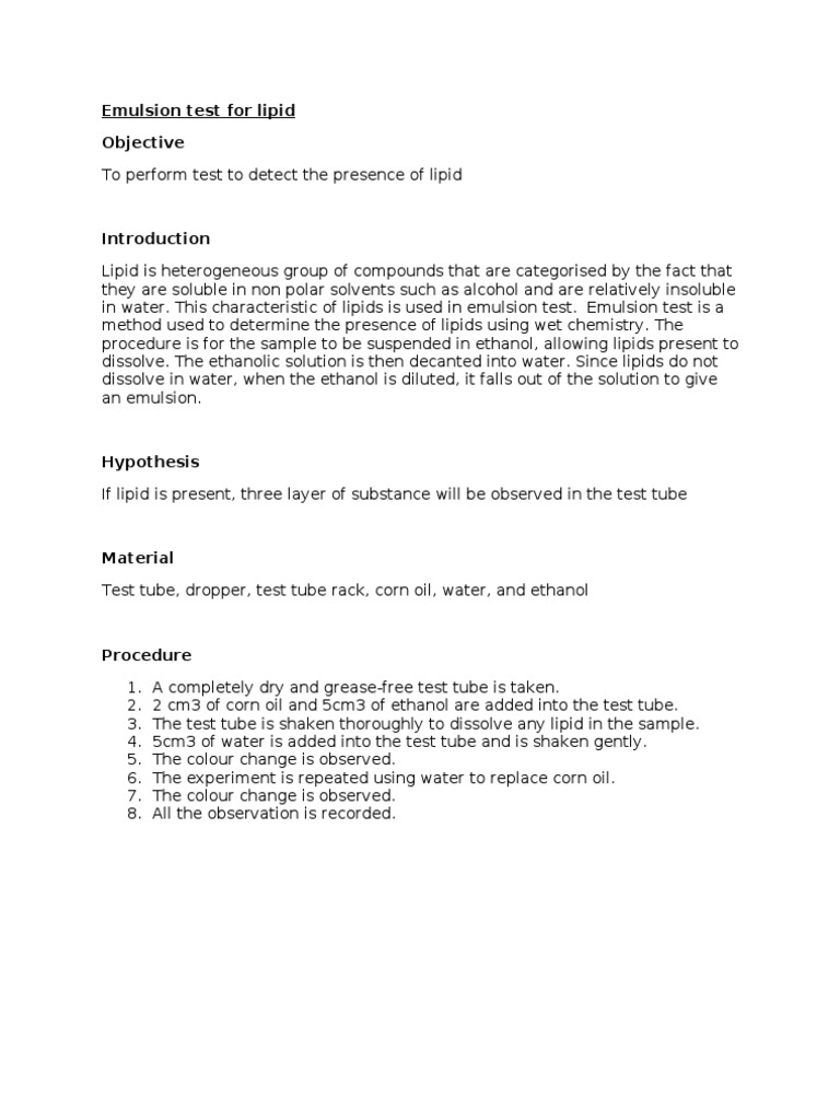 Emulsion Test For Lipid Objective | PDF | Fat | Saturated Fat