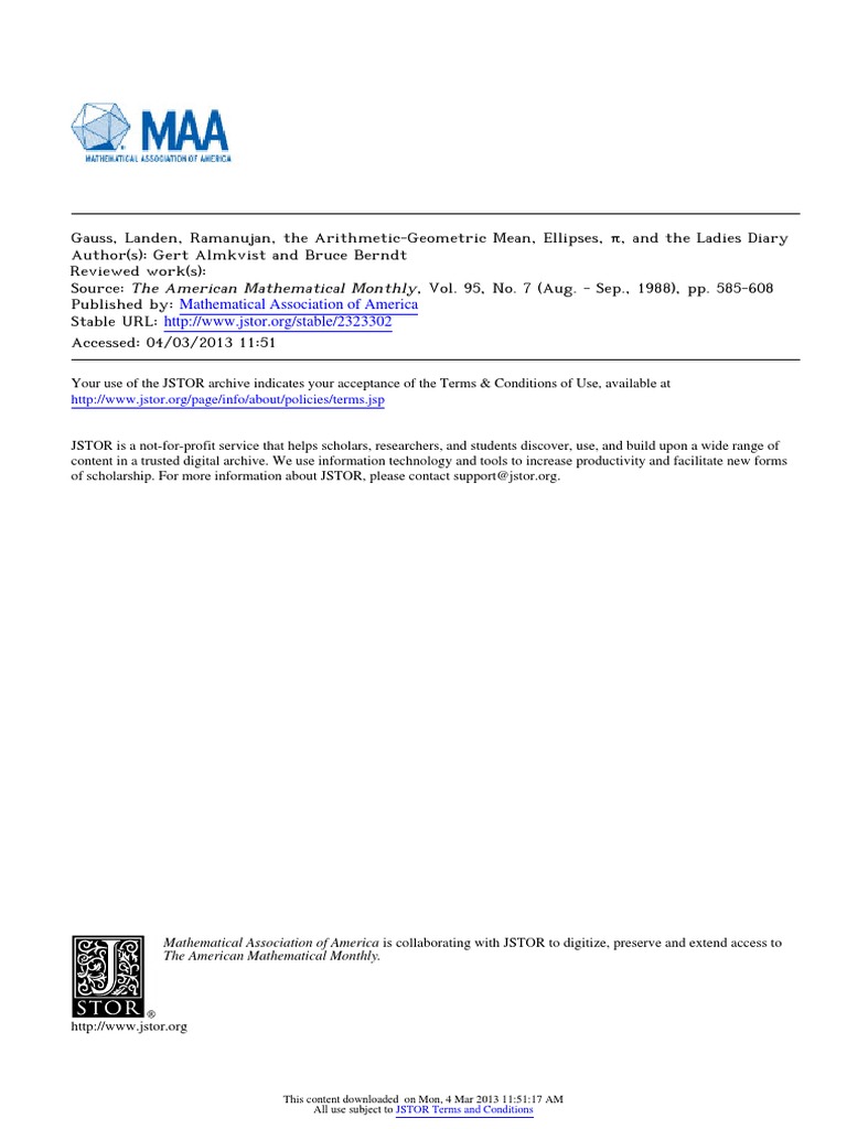 Gauss, Landen, Ramanujan, The Arithmetic-Geometric Mean, Ellipses, Pi ...