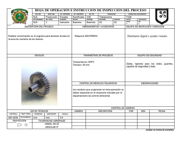 Hoja de Operación e Instrucción de Inspección Tratamiento