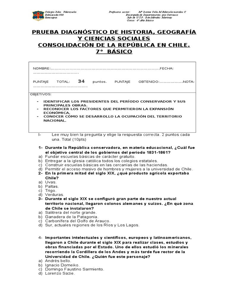 Prueba Diagnóstico Historia 7° Básico | PDF | Chile | Política (general)