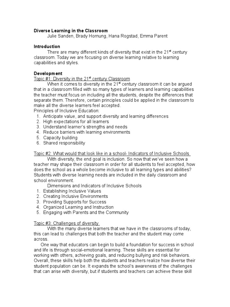 Diverse Learning in The Classroom Sheet To Hand in | PDF | Inclusion ...