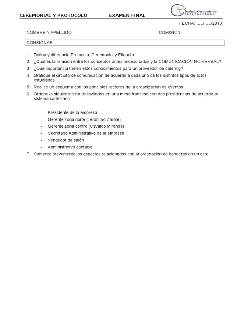 Examen Final Ceremonial y Protocolo - Jueves - Viernes - Sabado | PDF | Negocios