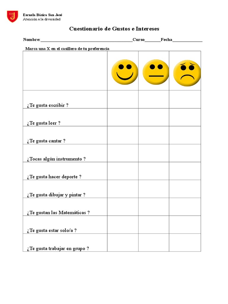 Cuestionario gustos intereses alumnos Escuela Básica San José | PDF