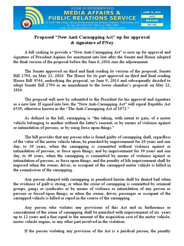 June12.2016proposed "New Anti-Carnapping Act" Up For Approval ...