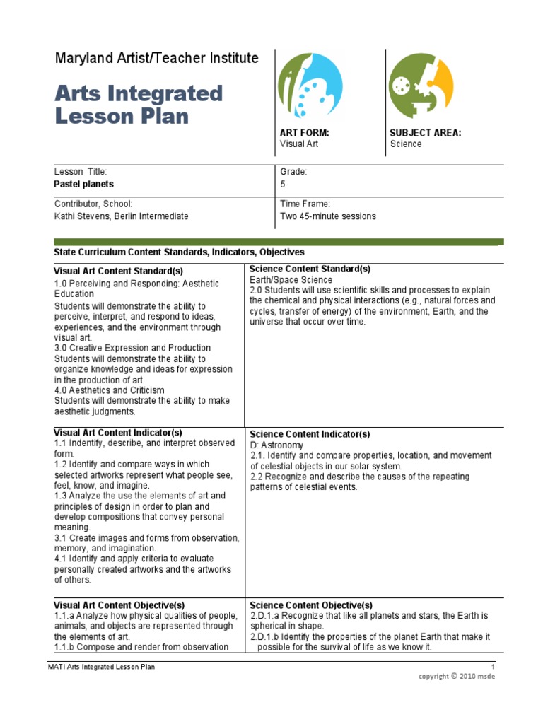 Arts Integrated Lesson Plan: Maryland Artist/Teacher Institute | PDF ...