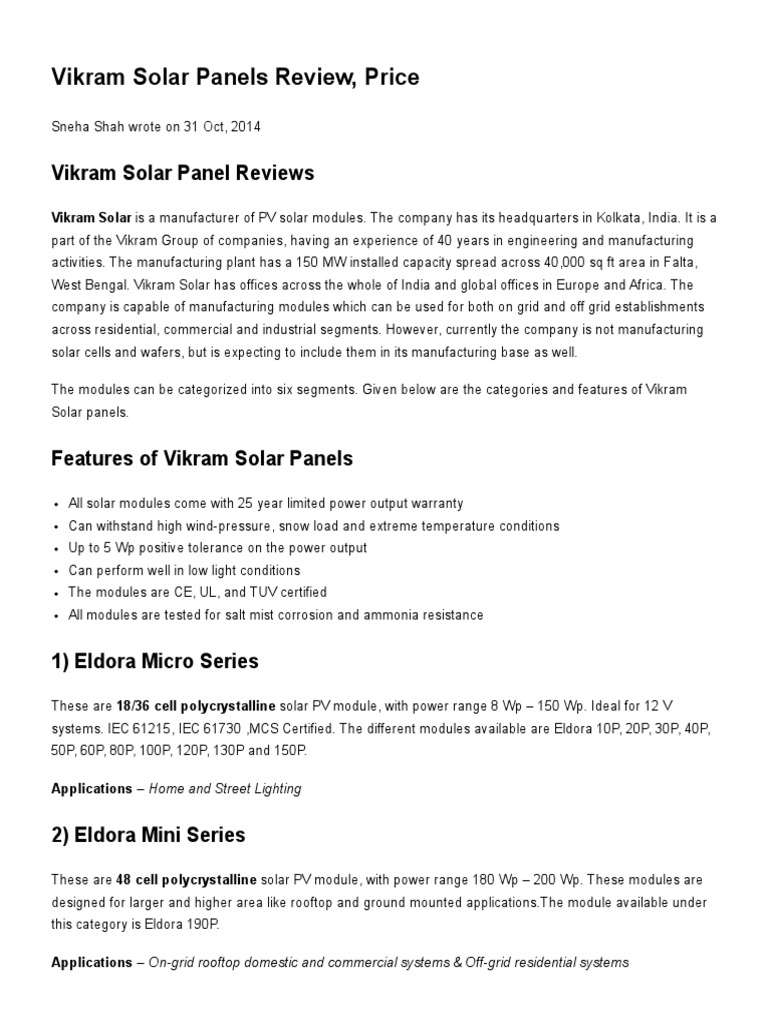 Vikram Solar Panels: Reviews & Pricing | PDF | Photovoltaics | Solar Panel