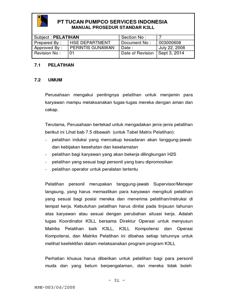 Contoh Prosedur Training K3 | PDF | Bisnis | Teknologi & Rekayasa