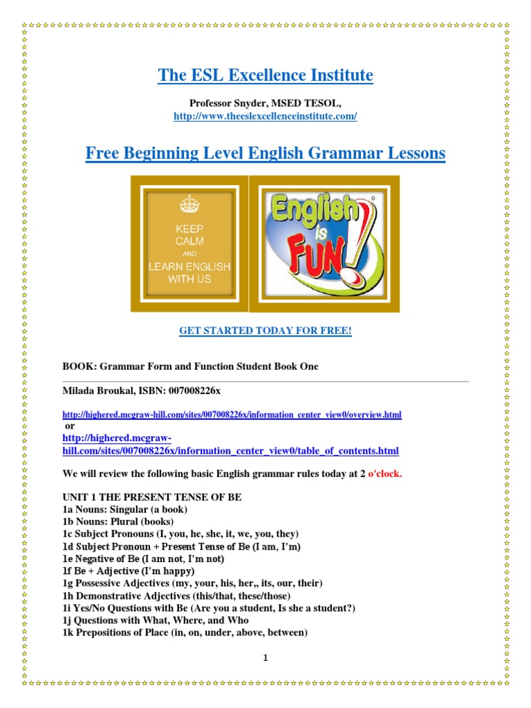 The ESL Excellence Institute's Free Beginning Level ESL Lesson Outline ...