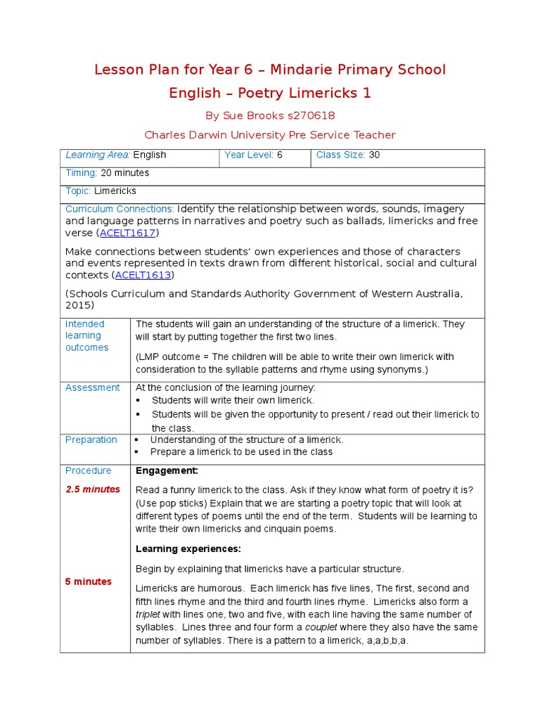 Year 6 Limerick Lesson Plan | PDF | Limerick (Poetry) | Poetry