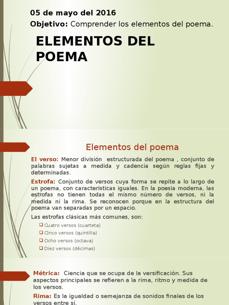 Clase 8° ELEMENTOS DEL POEMA | PDF | Rima | Metro (poesía)