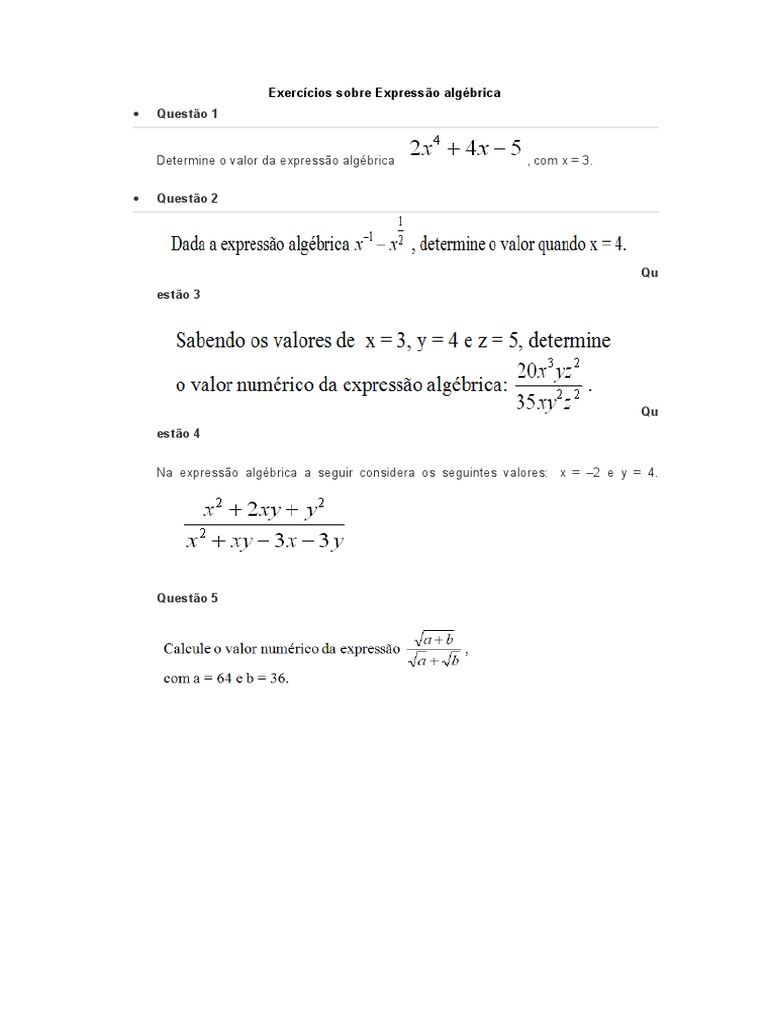 Exercícios - Expressões Algébricas | PDF | Fração (Matemática) | Aritmética