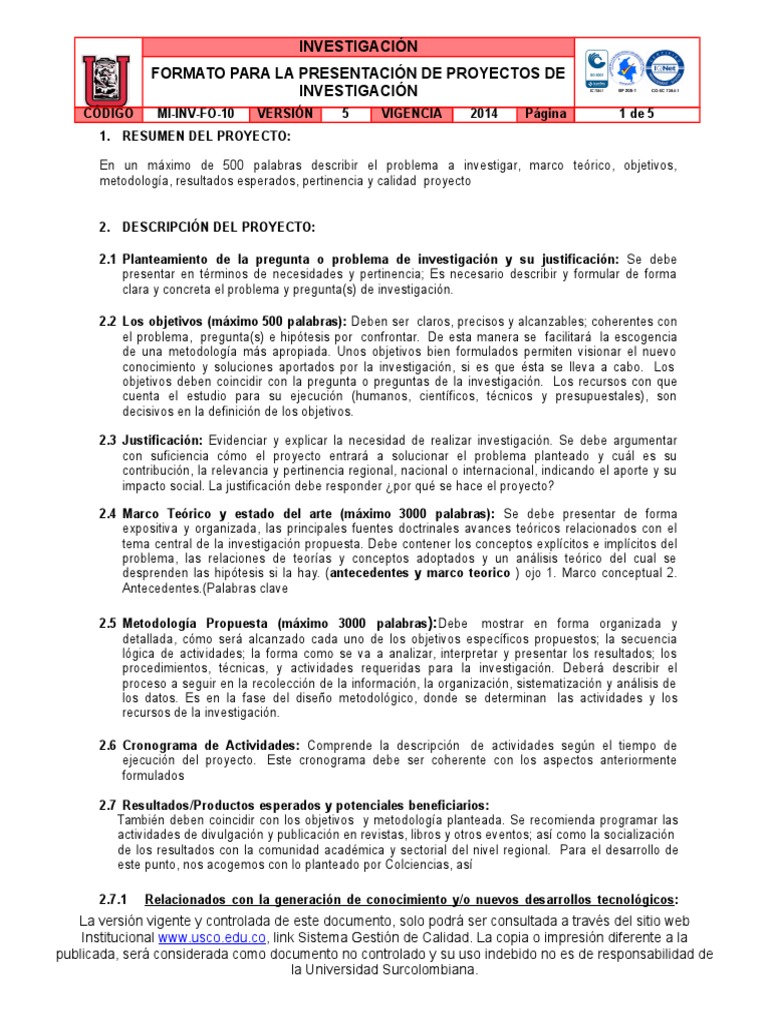 Mi-Inv-fo-10 Formato para La Presentacion de Proyectos de Investigacion | PDF | Presupuesto | Teoría