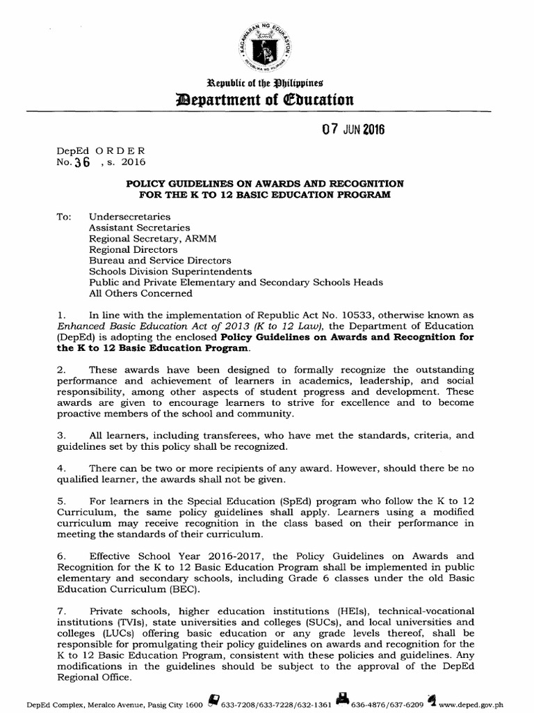 DepEd Order No. 36 S. 2016 - Policy Guidelines On Awards and ...