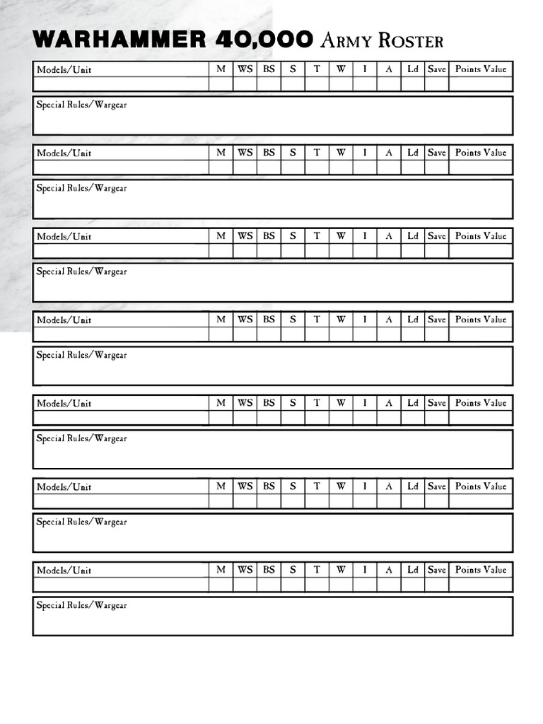 2nd Ed 40K Roster Sheet