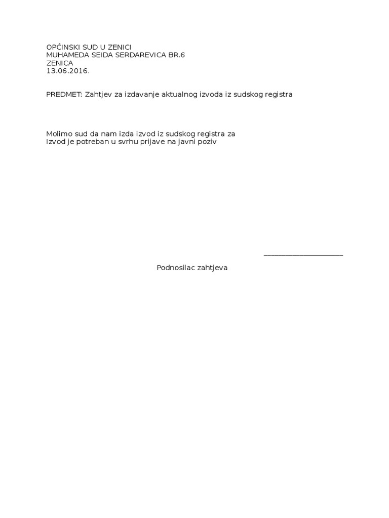 Zahtjev Za Izvod Iz Sudskog Registra1 | PDF