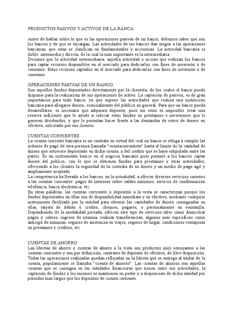 Productos Pasivos y Activos de La Banca | PDF | Bancos | Dinero