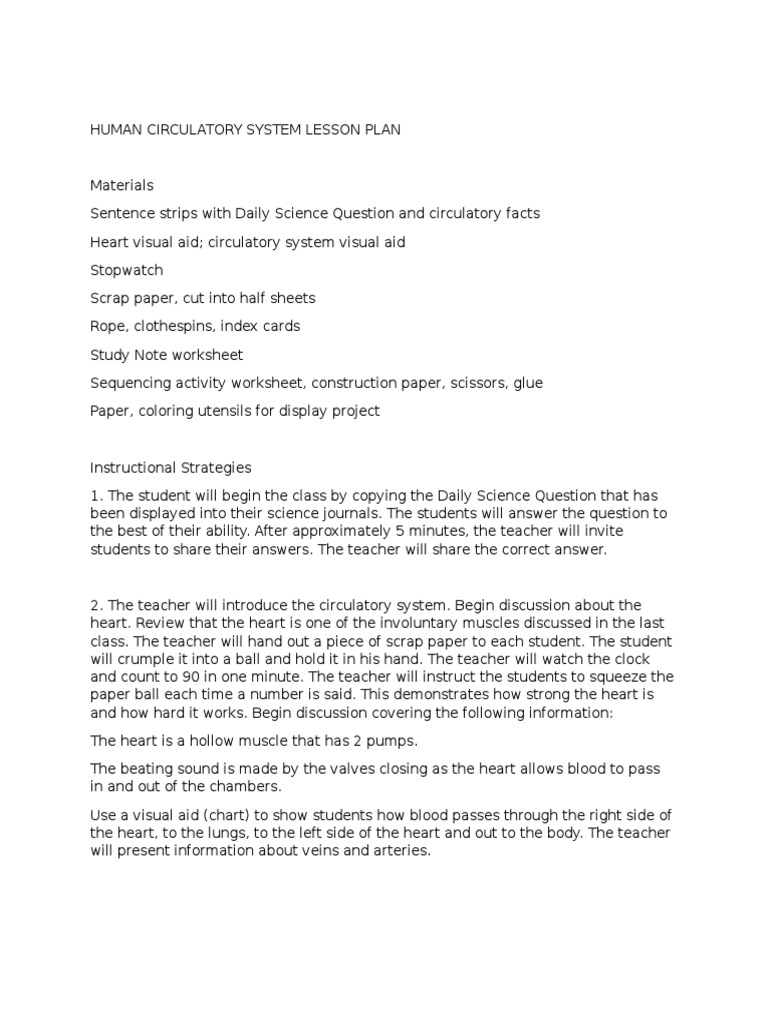 Human Circulatory System Lesson Plan | PDF | Heart | Circulatory System