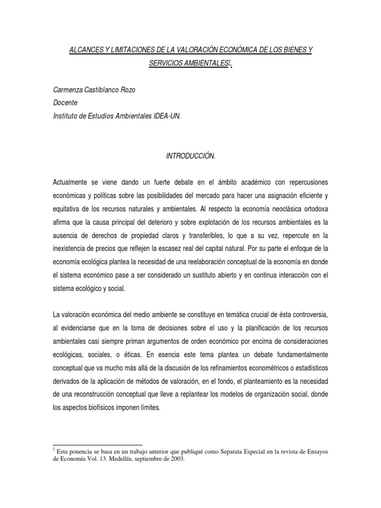 Alcances y Limitaciones de La Valoracion Economica de Los Bienes y Servicios Ambientales | PDF ...