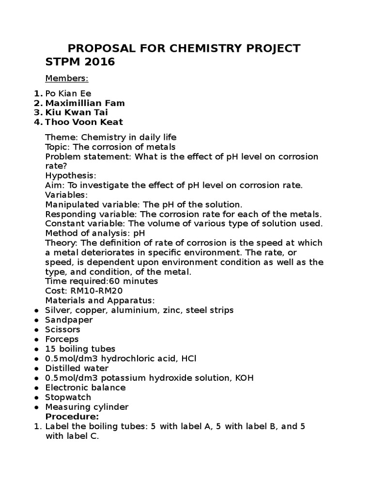 Proposal For Chemistry Project STPM 2016 | PDF