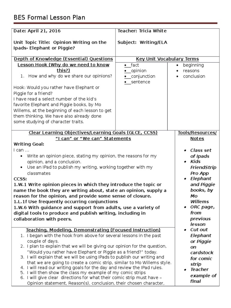 Opinion Writing Lesson Plan for Kids | PDF | Lesson Plan | Educational ...