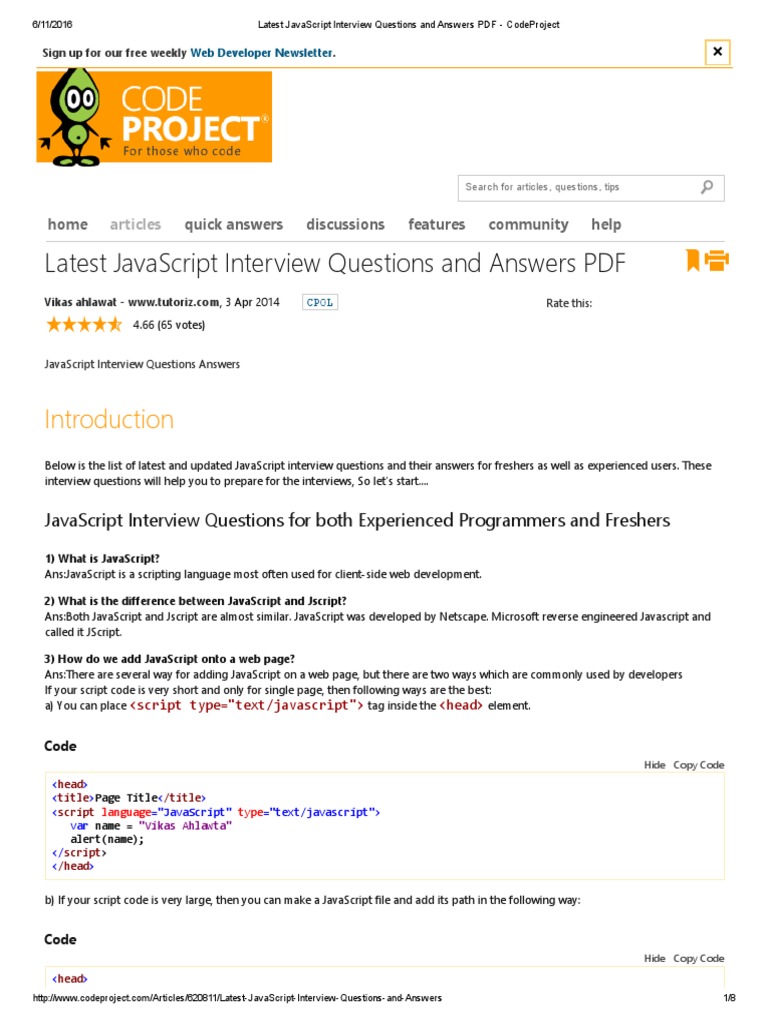 Javascript Interview Questions And Answers Pdf Codeproject Pdf Java Script Array Data